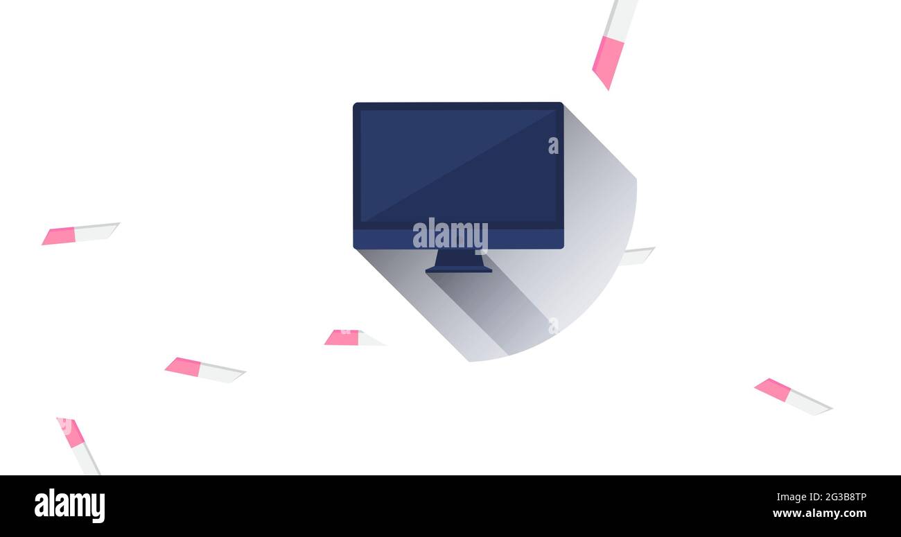 Composition of floating pink and white erasers and black computer ...