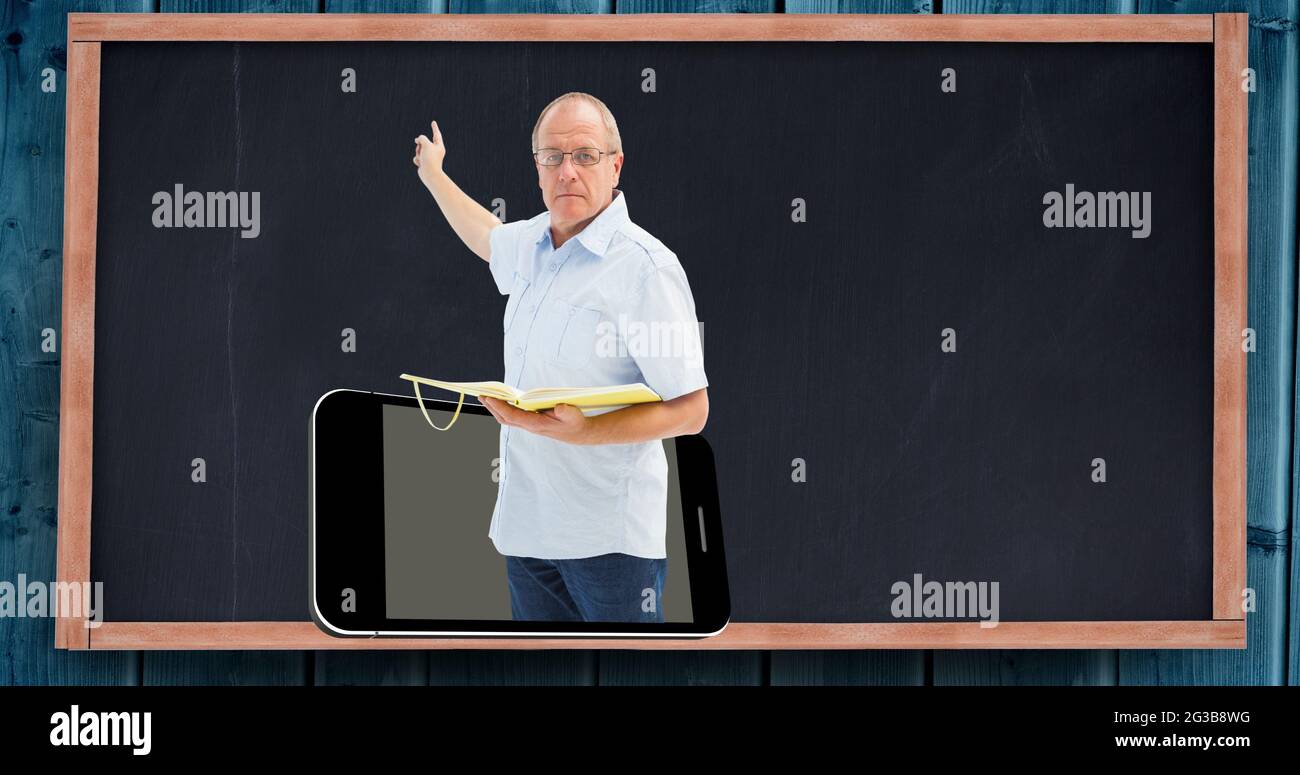 Composition of male school teacher on smartphone screen over blackboard ...