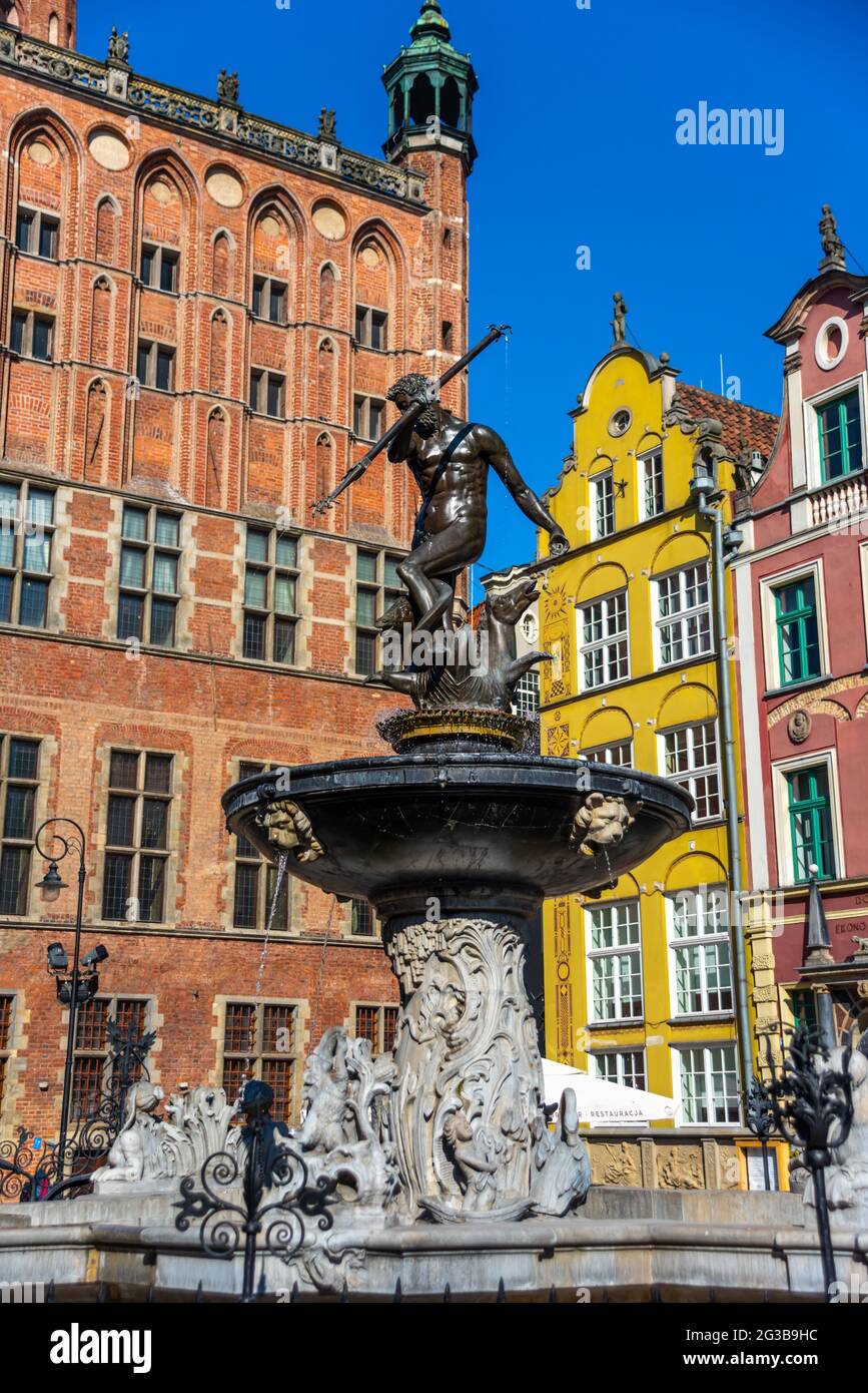 statue of Neptune fountain, symbol of city Gdansk, Poland, old town ...