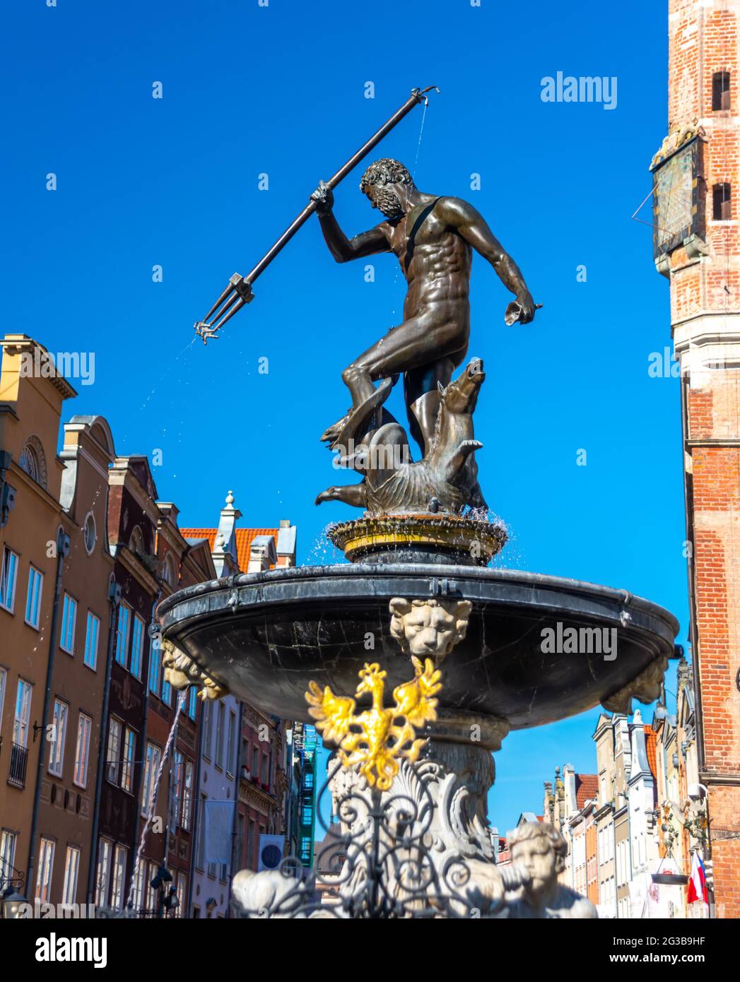 statue of Neptune fountain, symbol of city Gdansk, Poland, old town ...