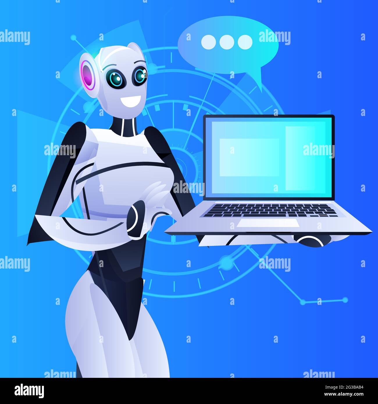female robotic person using laptop artificial intelligence technology ...