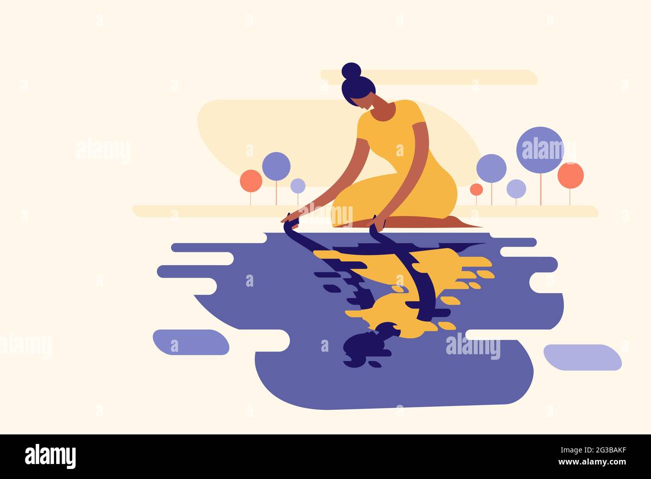 Conceptual illustration of a girl lifting up her own reflection from ...