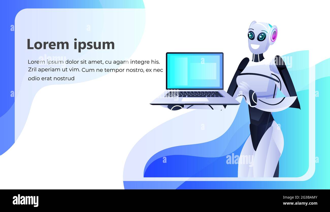 female robotic person using laptop artificial intelligence technology ...