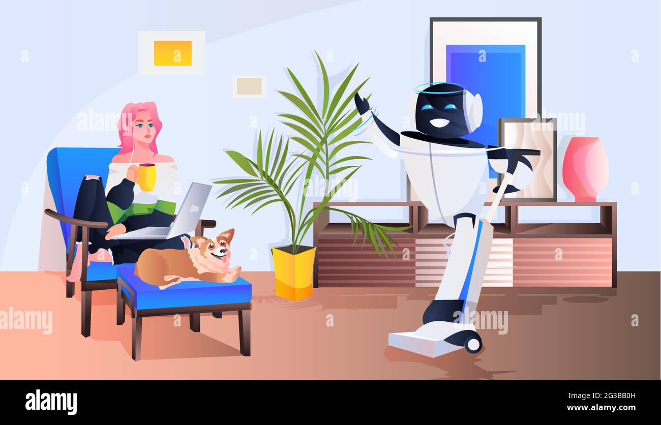 woman controlling robotic janitor with vacuum cleaner artificial ...