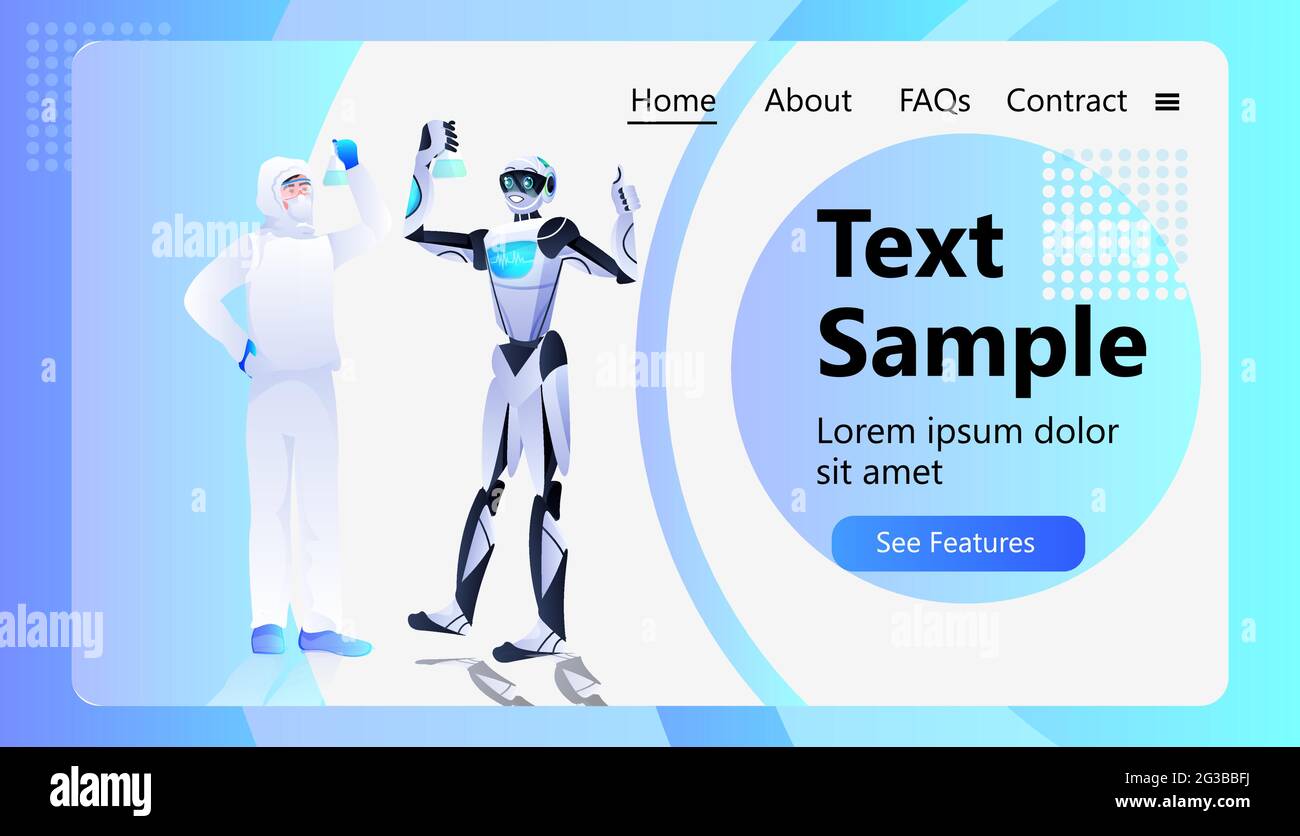 robot with scientist in protective suit making experiments in lab ...