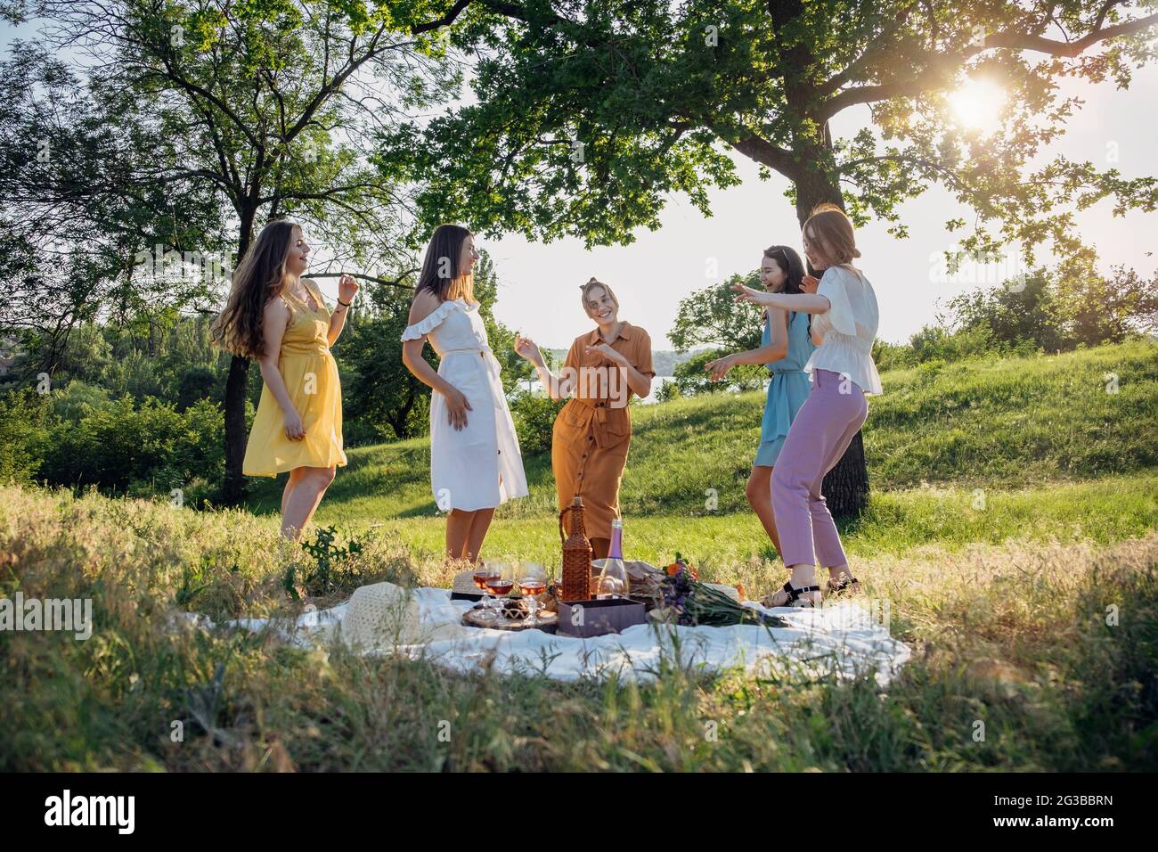 Summer party, Outdoor Gathering with friends. Five young women, Friends ...