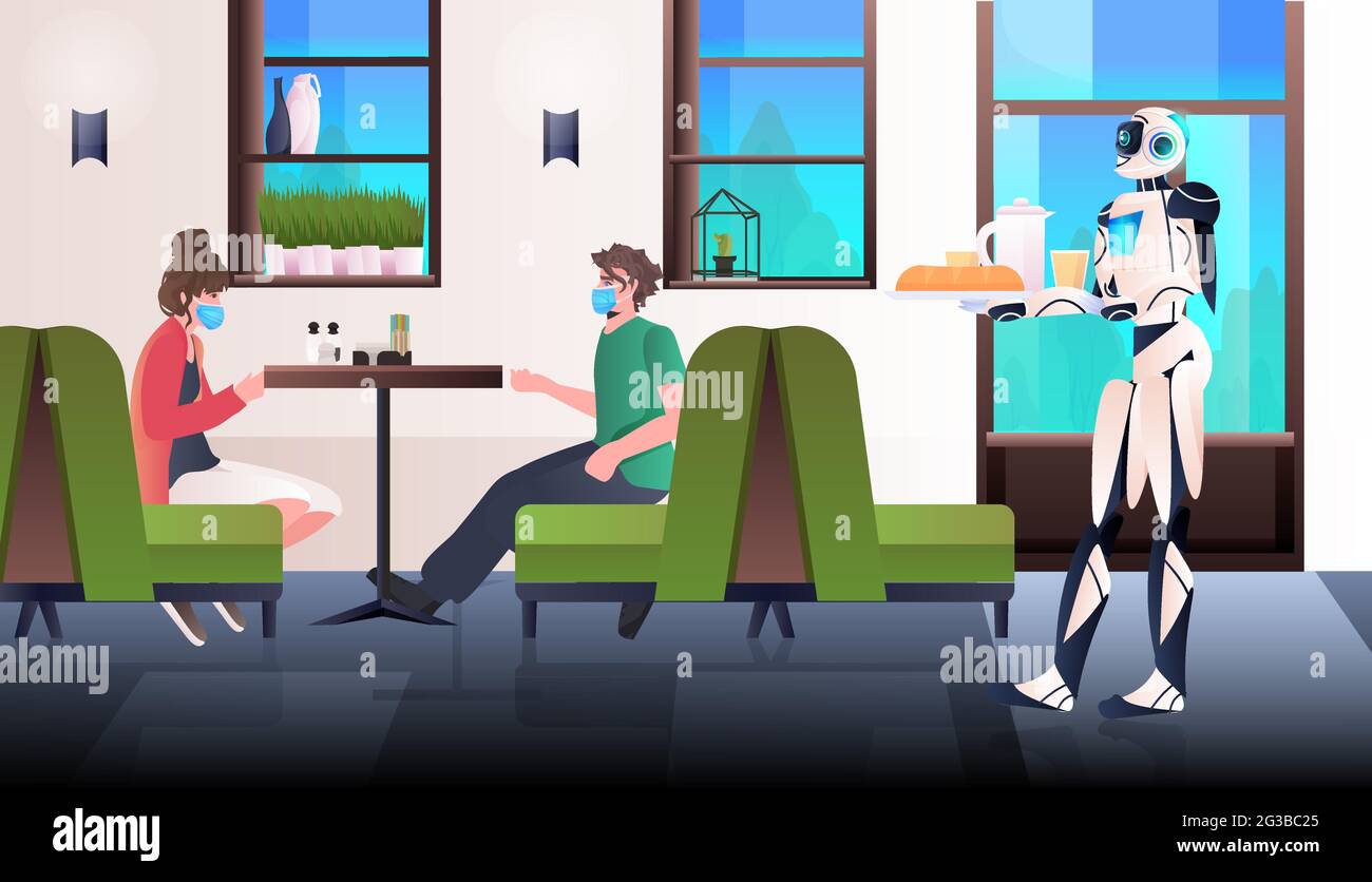 modern robot waiter serving food to visitors in restaurant artificial ...