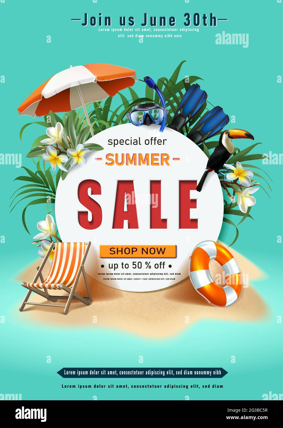 Vector summer island sale banner template with sand and summer elements ...