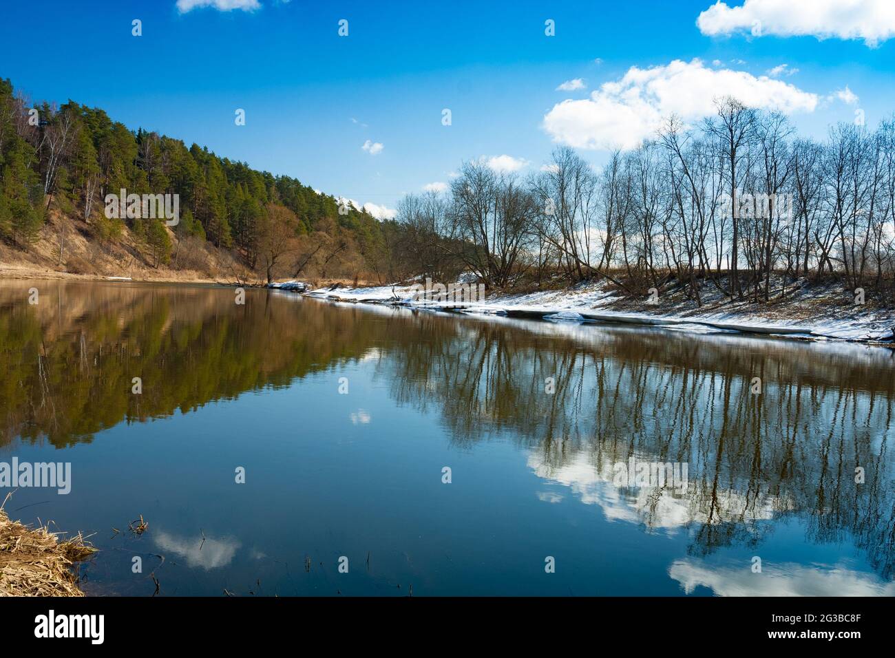 Beautiful Russian Spring Landscape With Reflection Of River, Forest ...