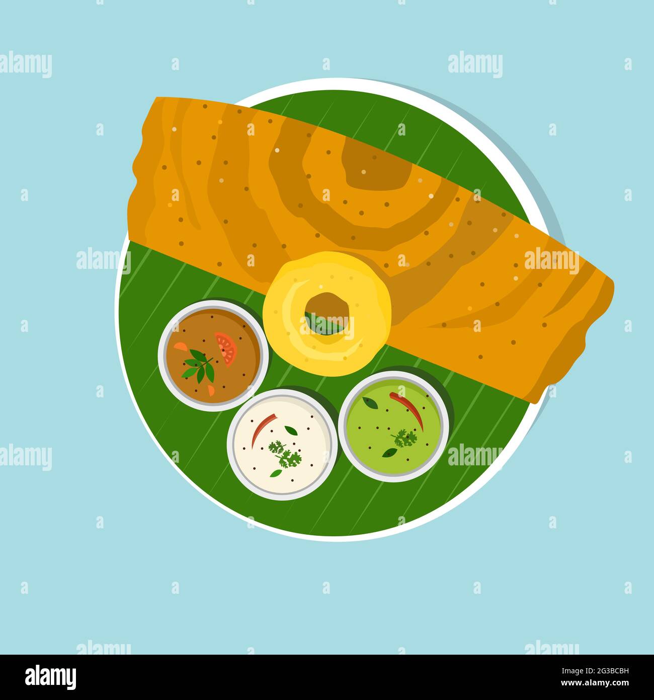 South Indian breakfast dish 'Dosa with Sambar and Chutney' on banana ...