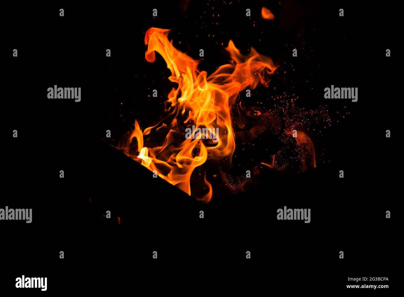 Burning Bonfire In Brazier On Black Dark Background Outdoor Stock Photo ...