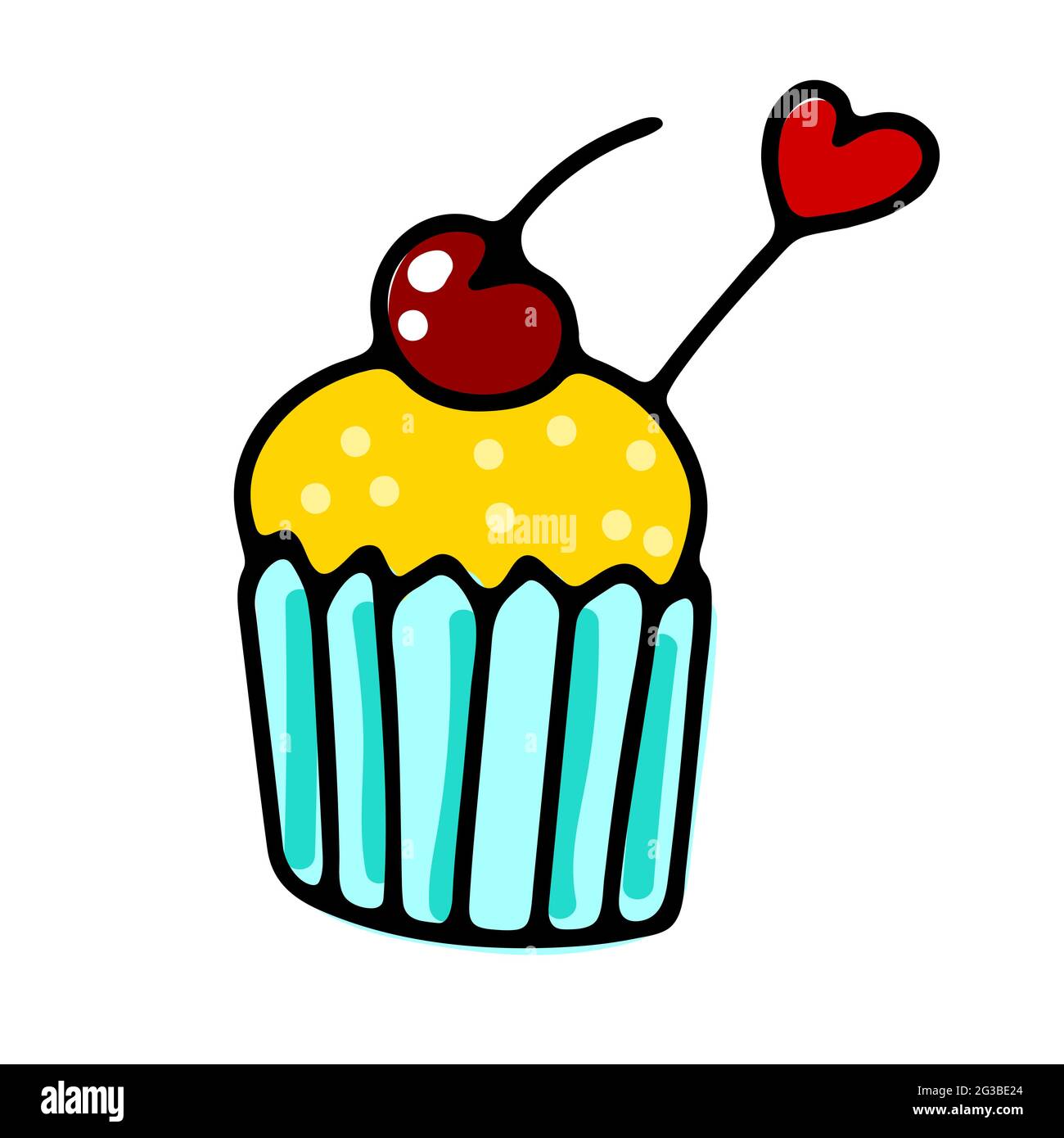 Doodle cupcake with heart and cherry. Hand-drawn color cute dessert ...