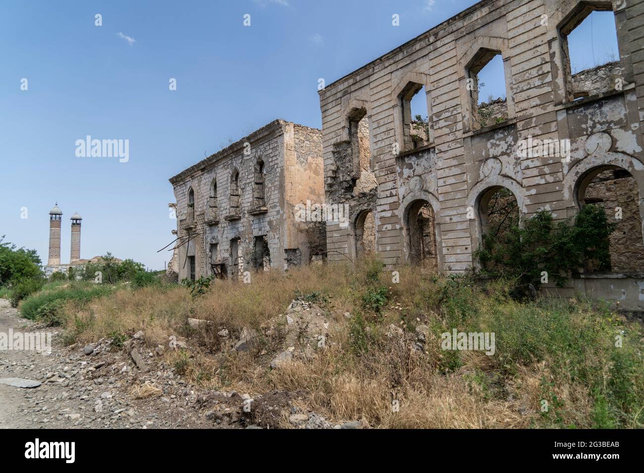 Destroyed buildings and the minarets of Juma mosque in Agdam, Nagorno ...