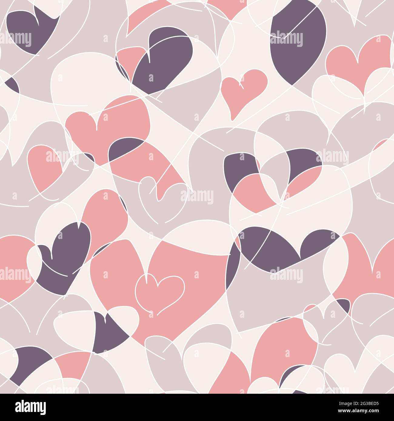 Seamless vector line art pattern. Outline purple, pink heart on neutral ...