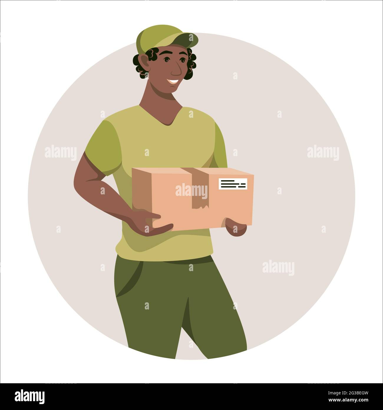 Smiling delivery black man in uniform with box in hands. Courier with ...
