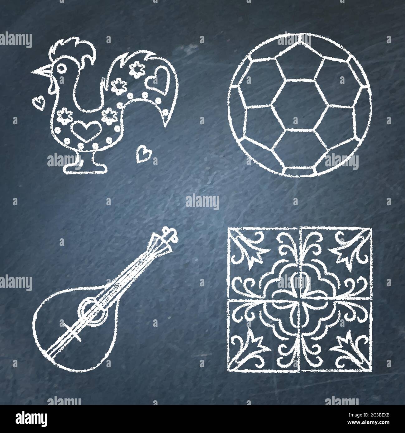 Collection of Portugal icons on chalkboard. Traditional symbols set ...