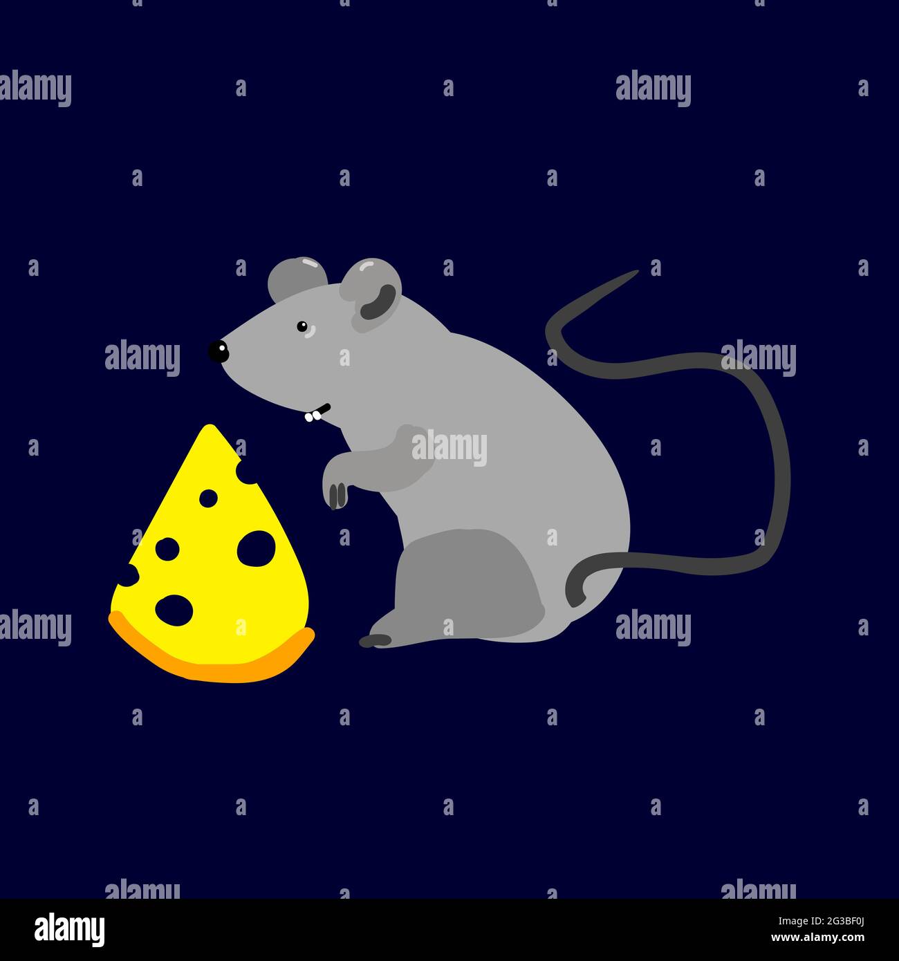 Funny hand-drawn gray mouse with a piece of cheese. Kawaii vector ...
