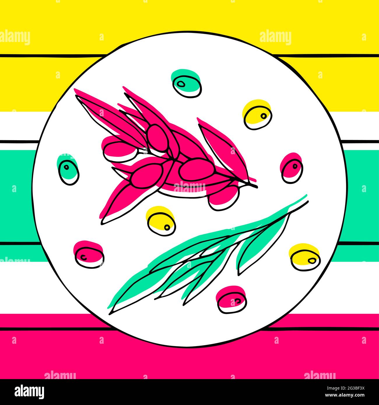 Seamless pattern of acid colored olives. Outline olive branches ...
