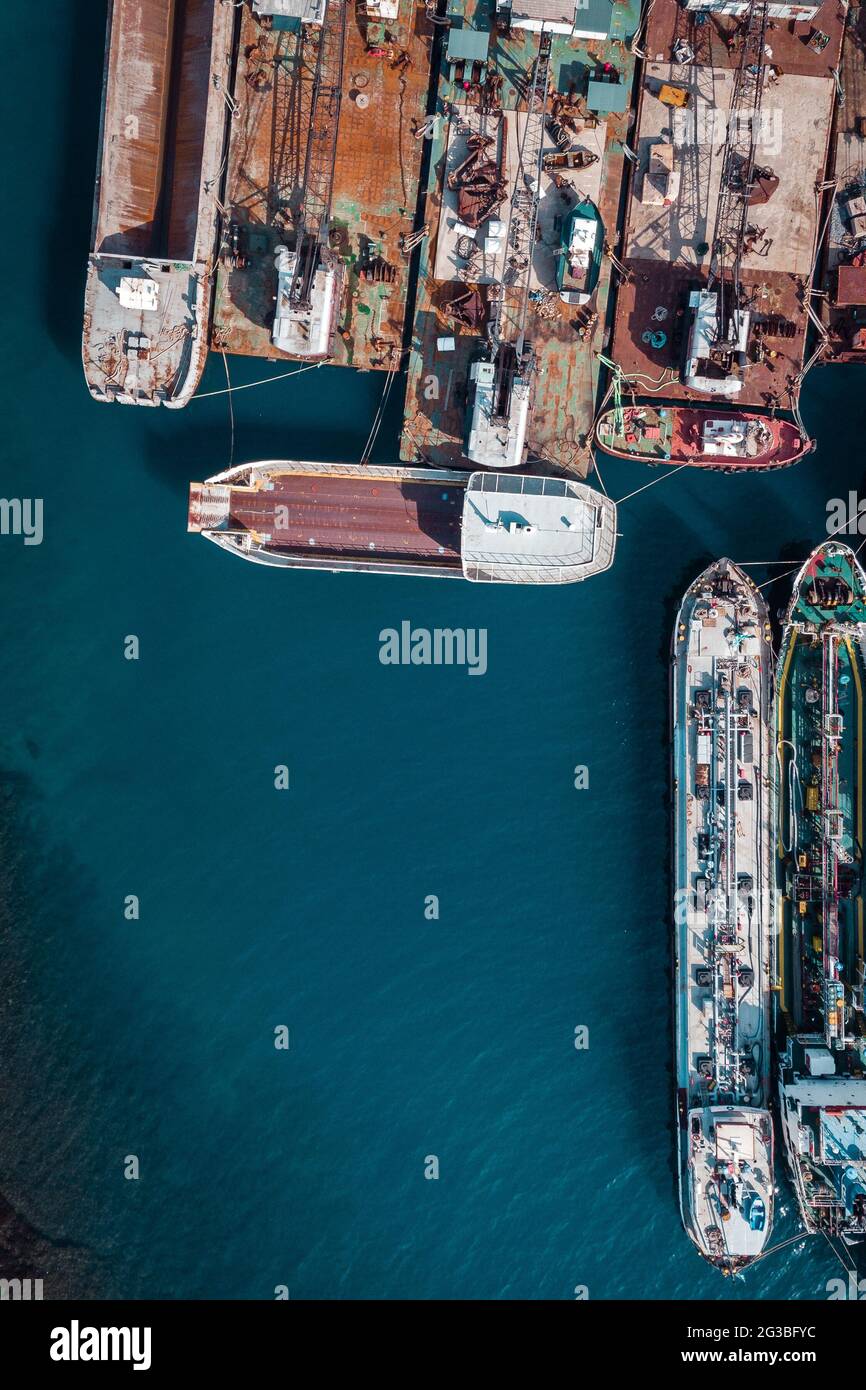 Top view aerial of industrial ships Stock Photo - Alamy