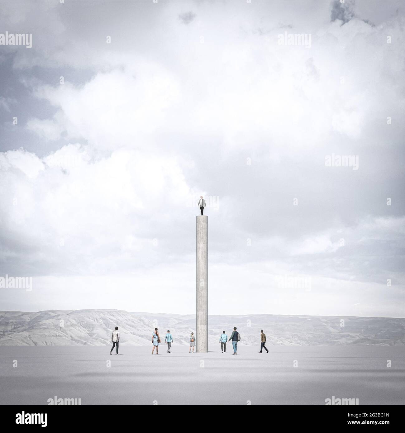 people head towards a tower with a man on top. leader and followers ...