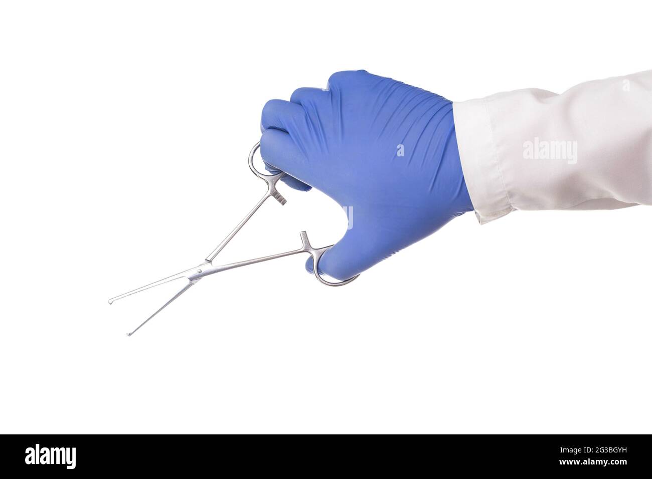Doctor holds surgical scissors in his hand on a white background ...