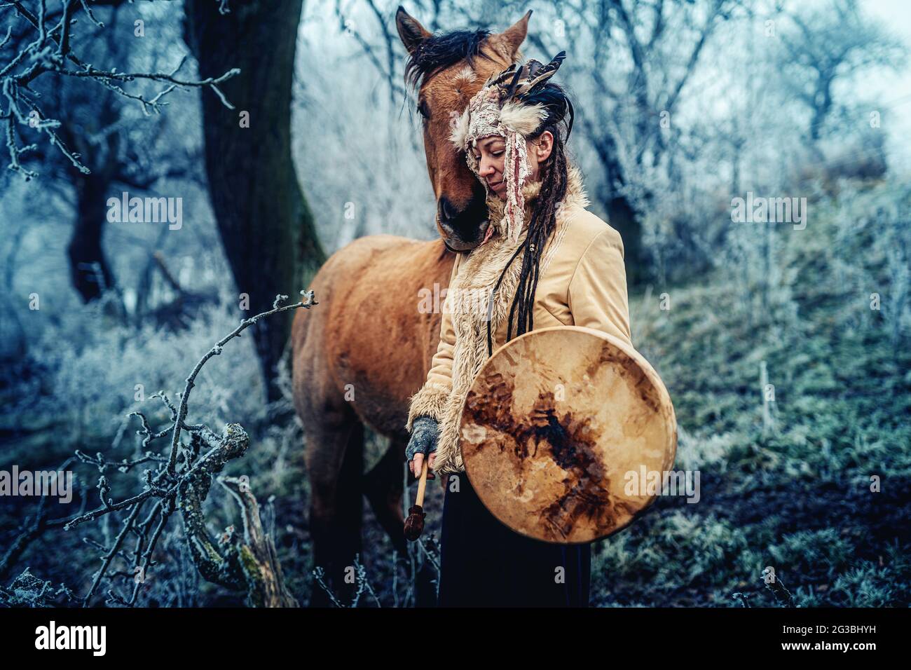 Shaman woman in winter landscape with her horse Stock Photo - Alamy