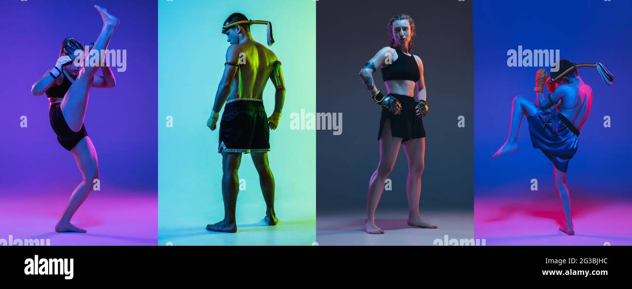 Men against women. Young MMA fighters practicing isolated over gray ...