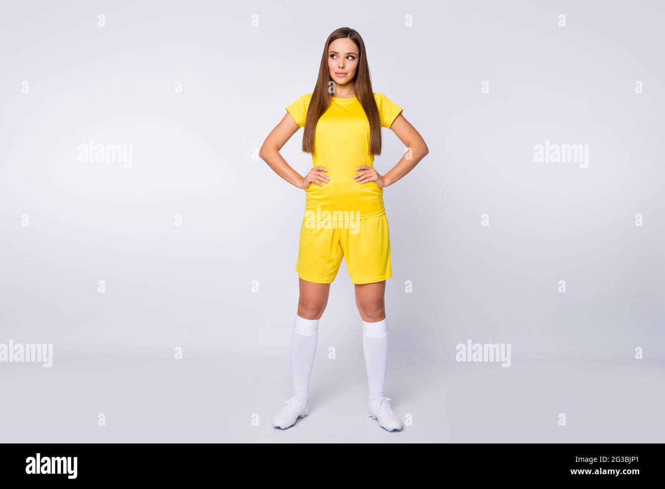Full body photo of cool lady skilled player soccer women team look side ...