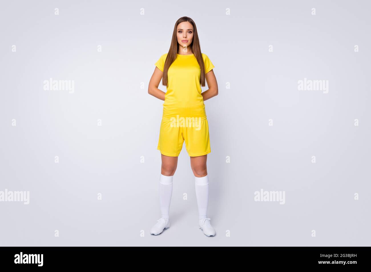 Full body photo of cool lady skilled player soccer team hold hands ...