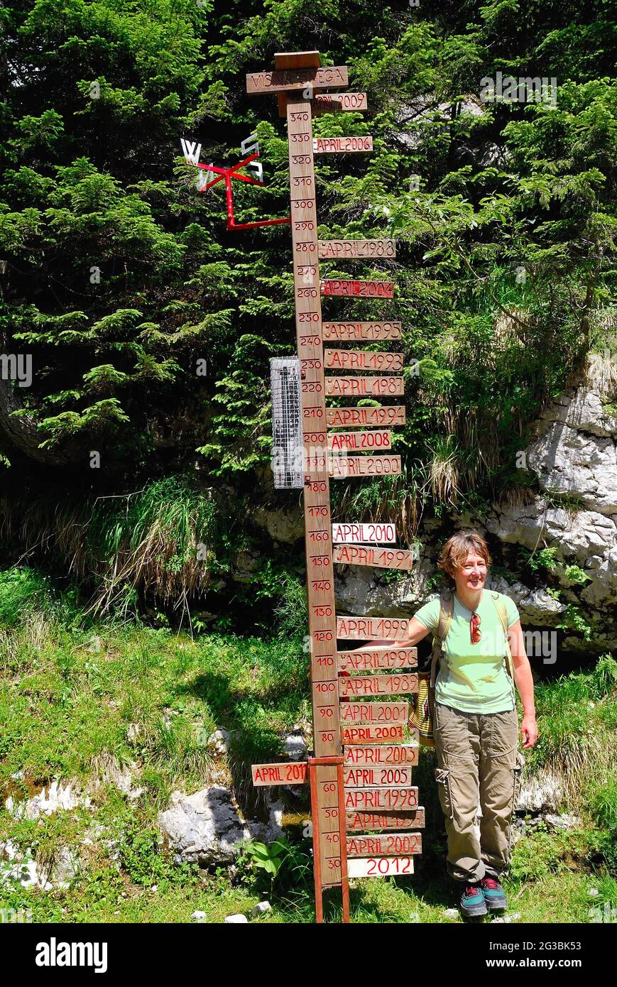 Mount Krn, Slovenia.A woman poses near a snow-gauge Stock Photo - Alamy
