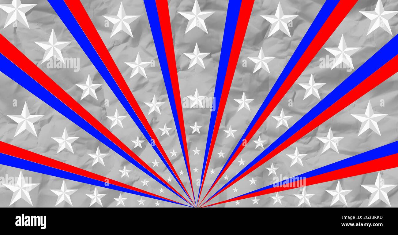 Digitally generated image of red and blue radial beams and rays against ...
