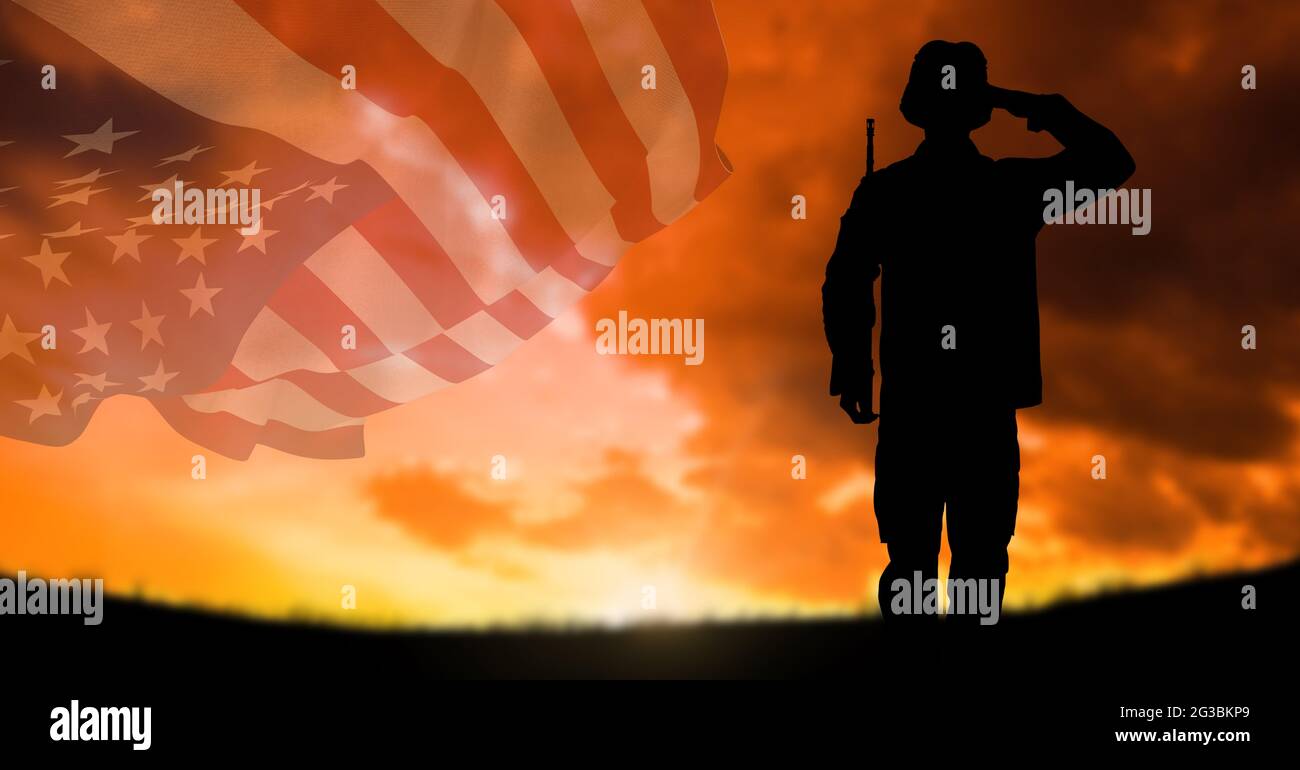 Composition of silhouette of saluting soldier against sunset sky with ...