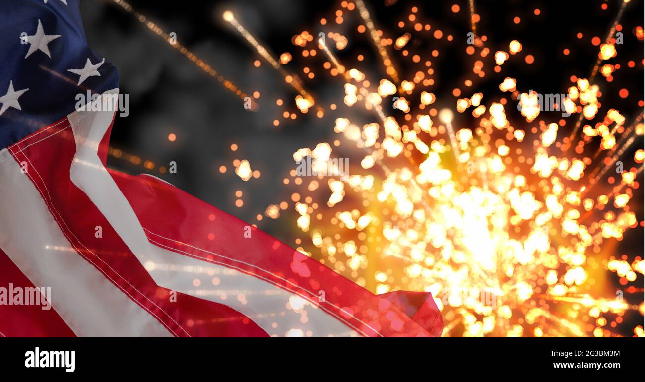 Composition of american flag over fireworks in night sky Stock Photo ...