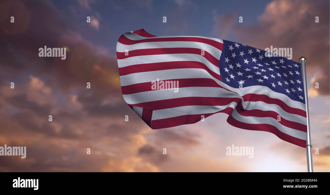 Composition of american flag on flag pole billowing over sunset sky ...