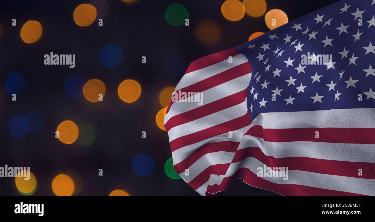 Composition of billowing american flag over orange, blue and green ...