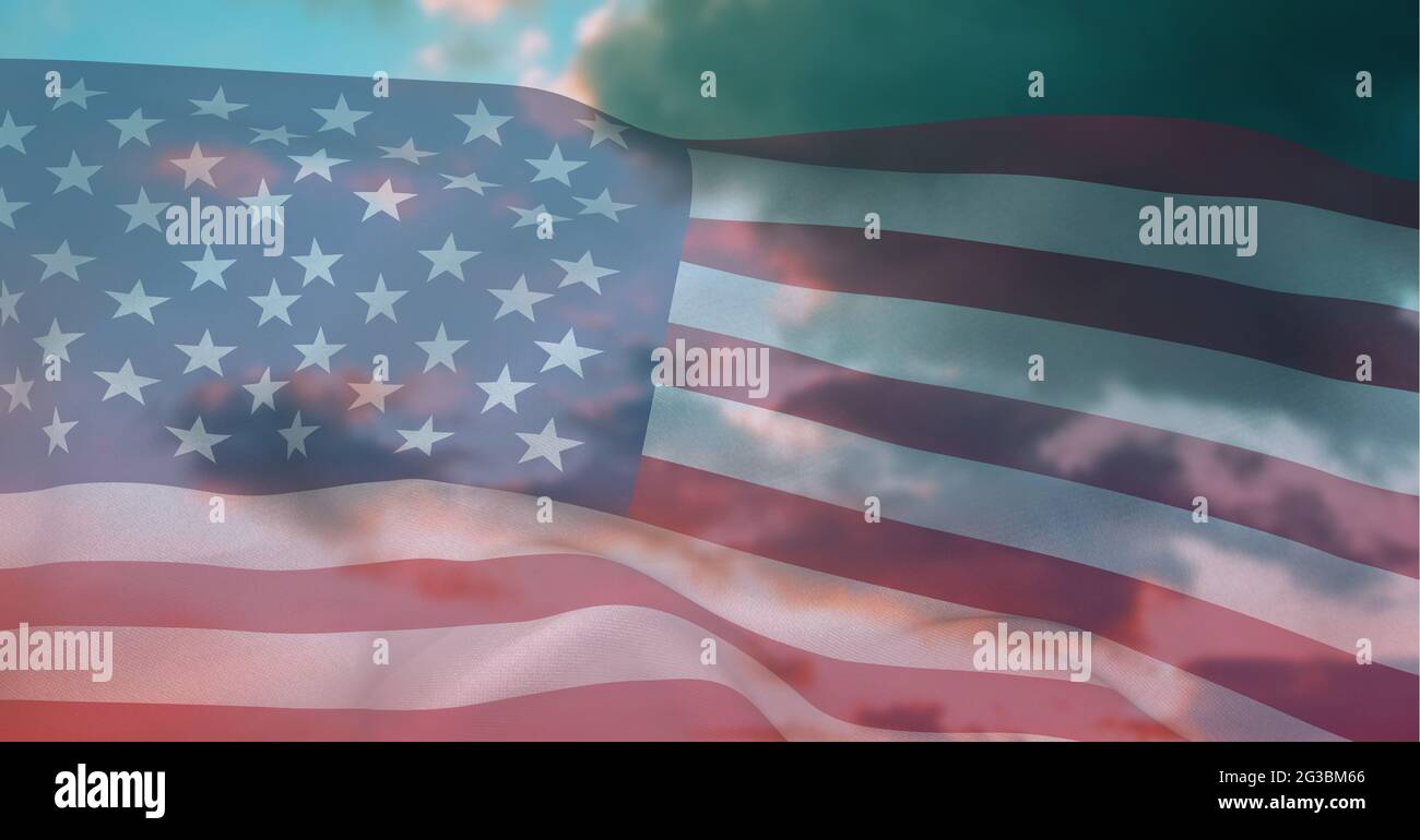 Composition of billowing american flag over cloudy blue sky Stock Photo ...