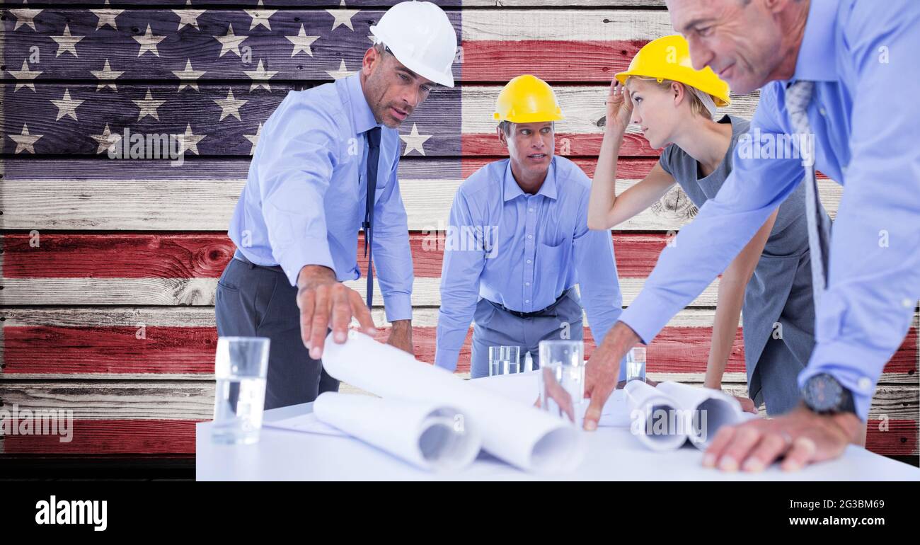 Composition of male and female architects over american flag painted on ...