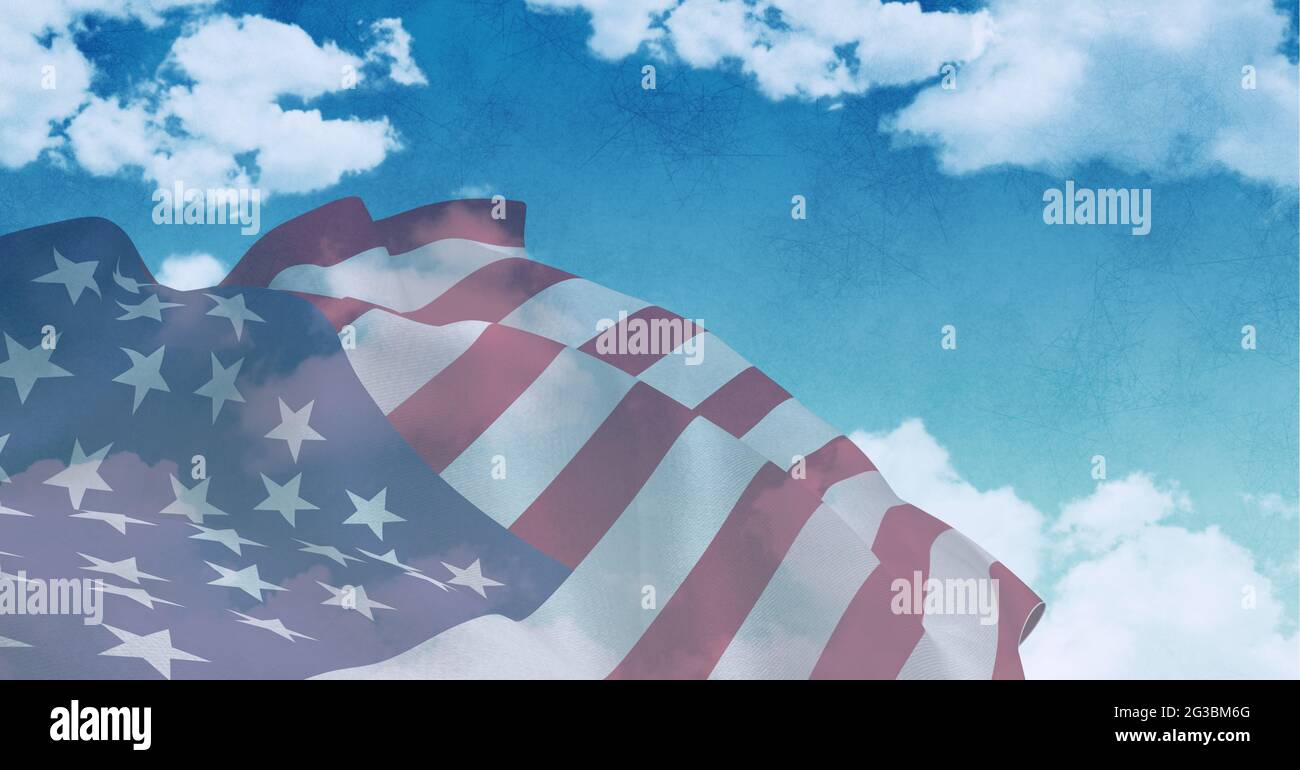 Composition of billowing american flag over cloudy blue sky Stock Photo ...