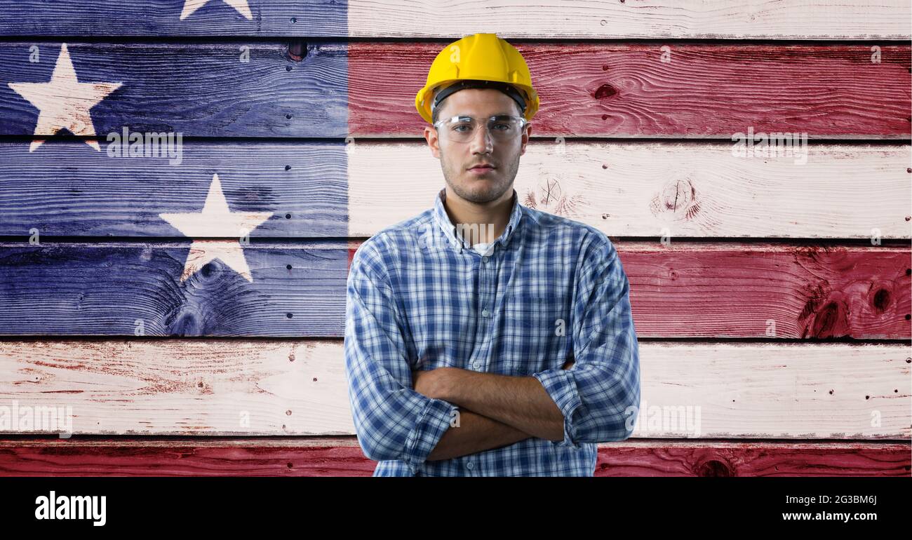 Composition of portrait of male construction worker over american flag ...