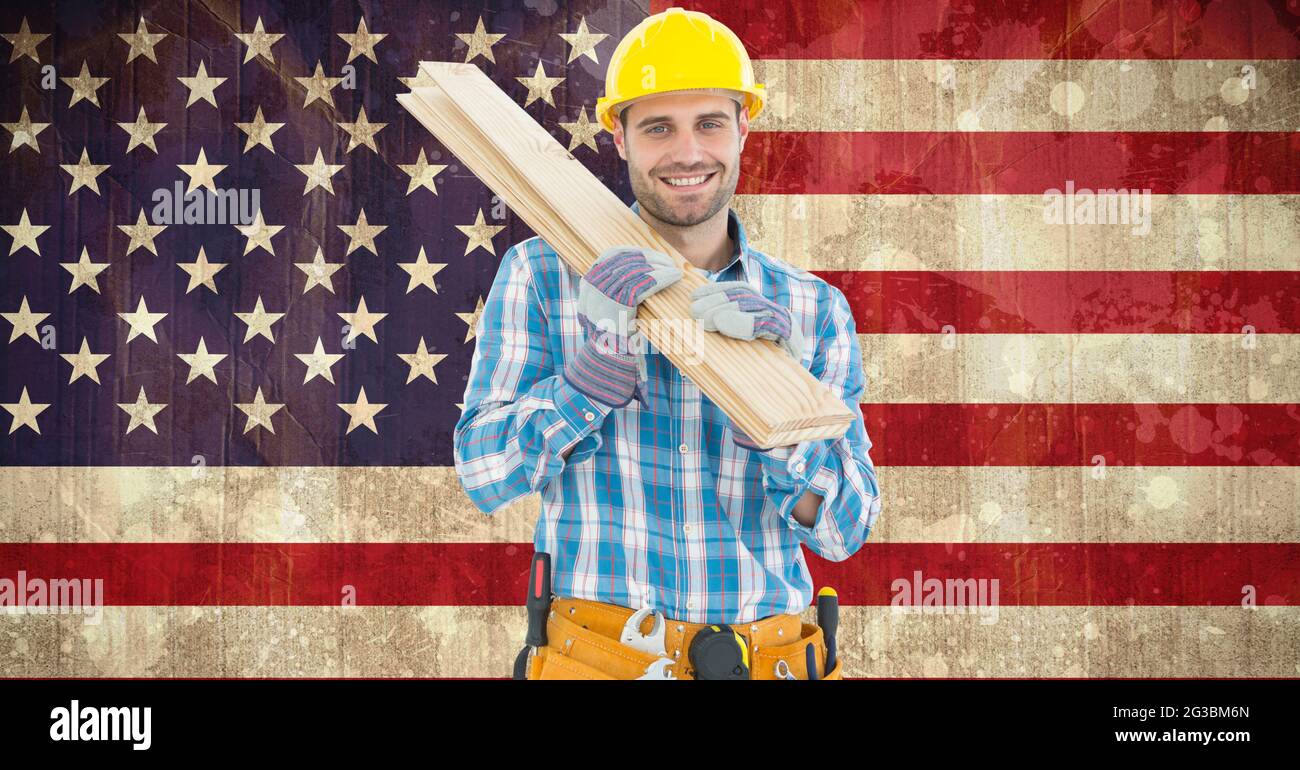 Composition of smiling male construction worker over vintage, aged ...