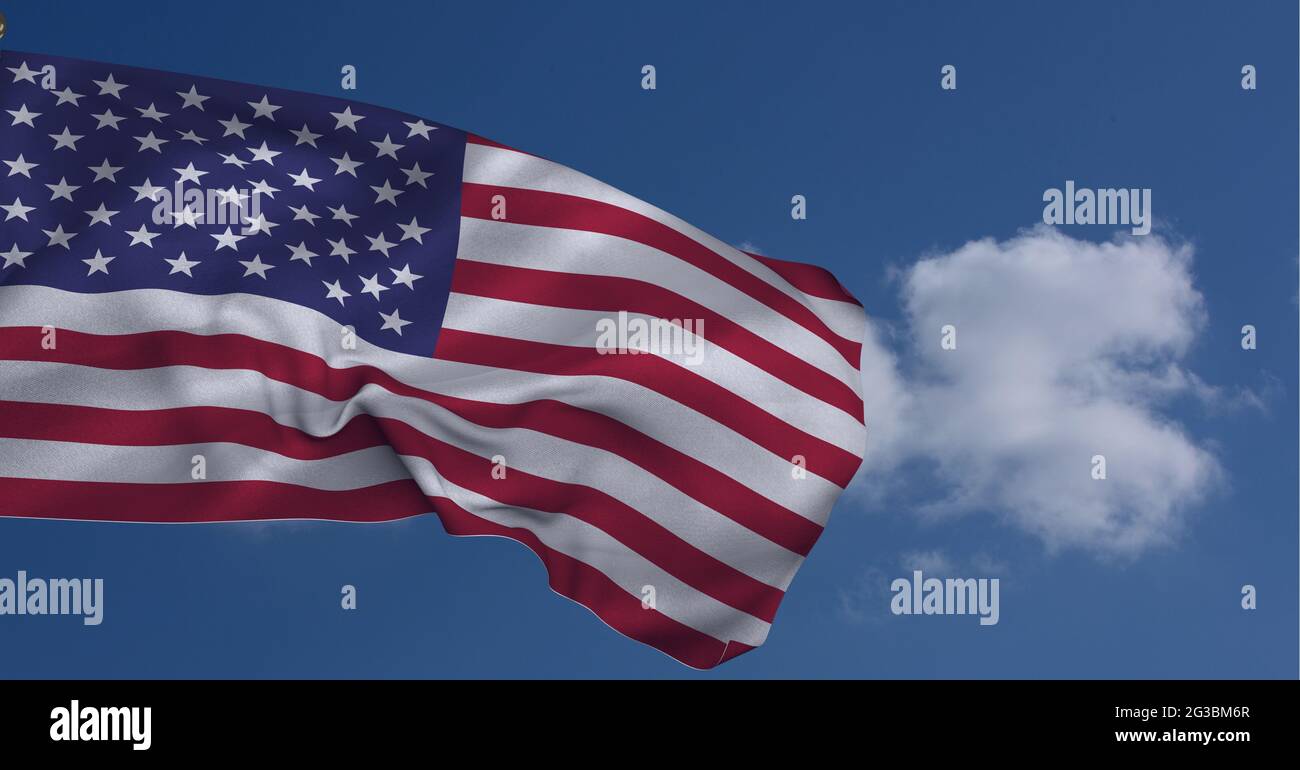 Composition of billowing american flag over cloudy blue sky Stock Photo ...