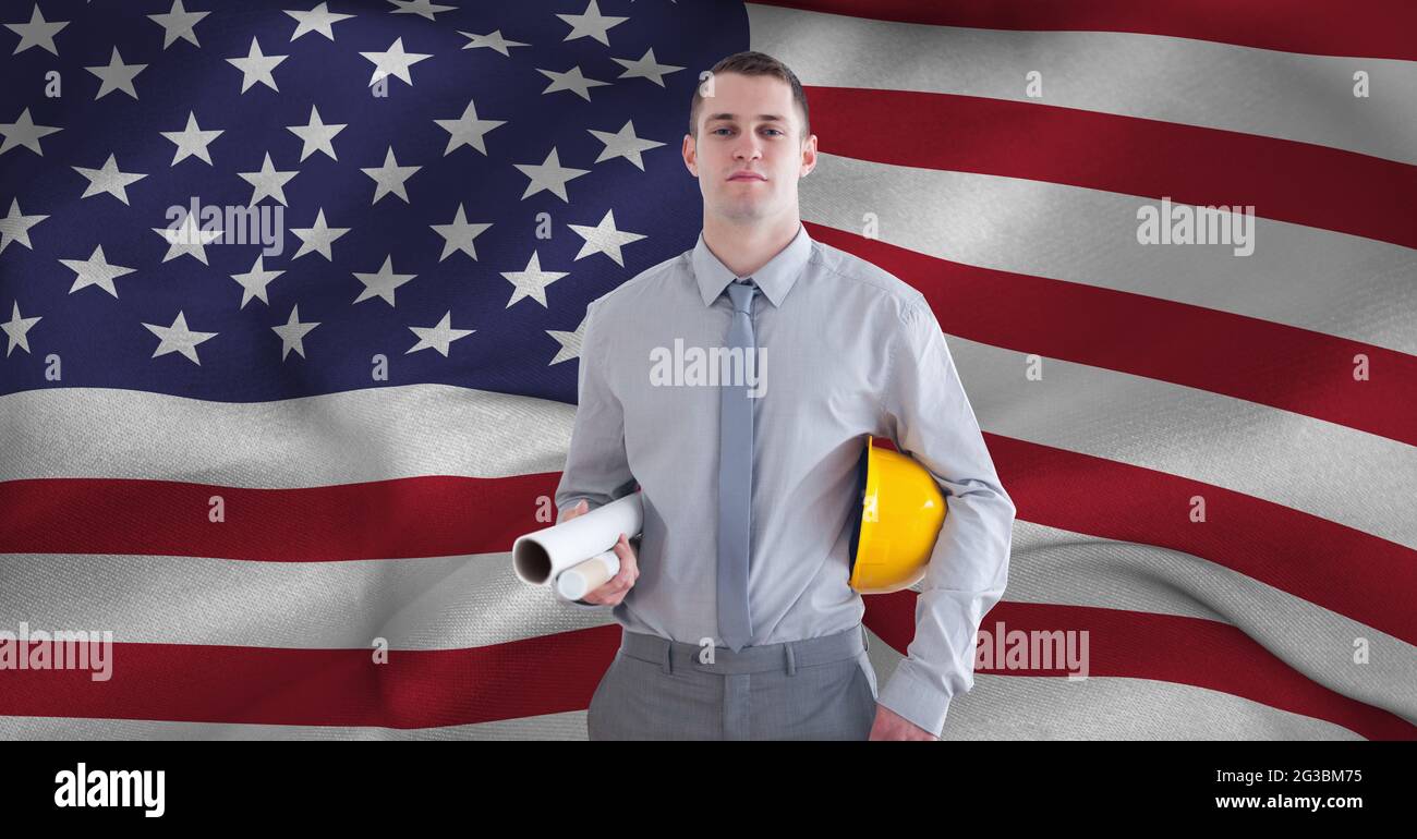 Composition of smiling male architects over billowing american flag ...