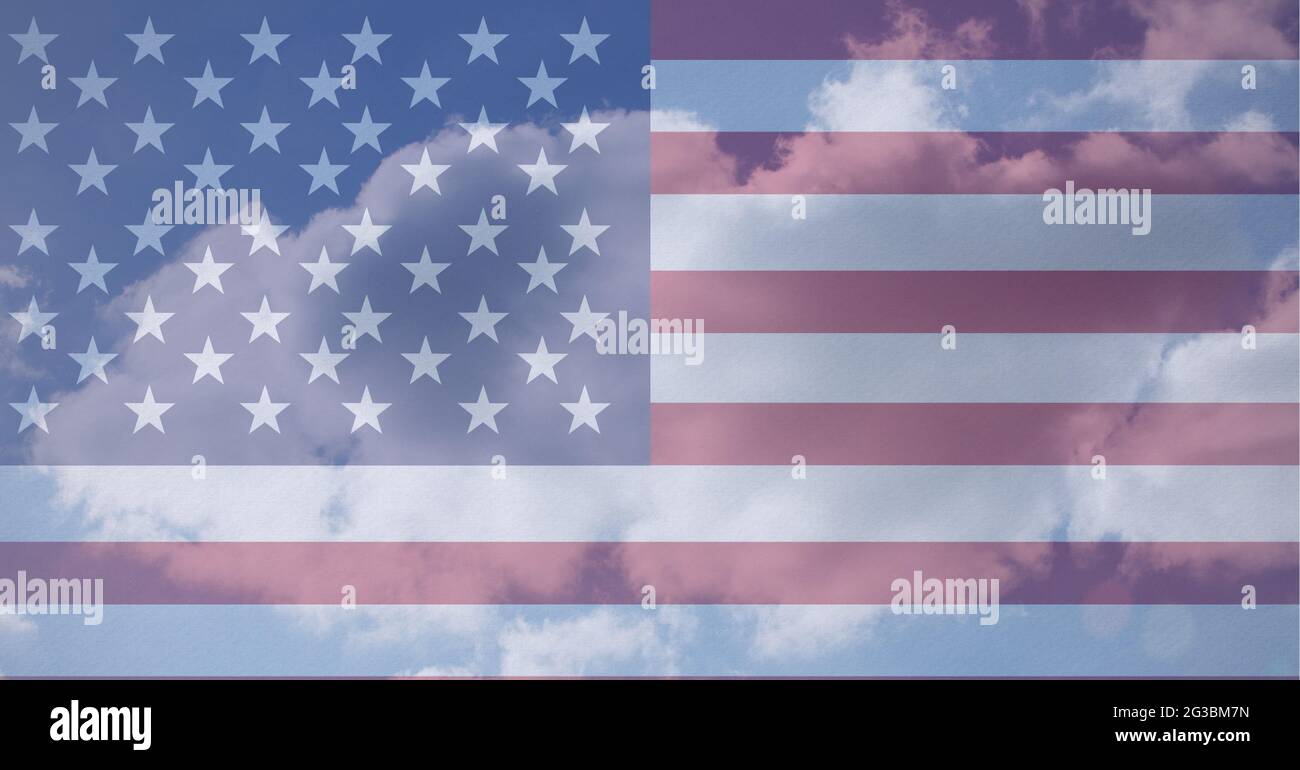 Composition of billowing american flag over cloudy blue sky Stock Photo ...