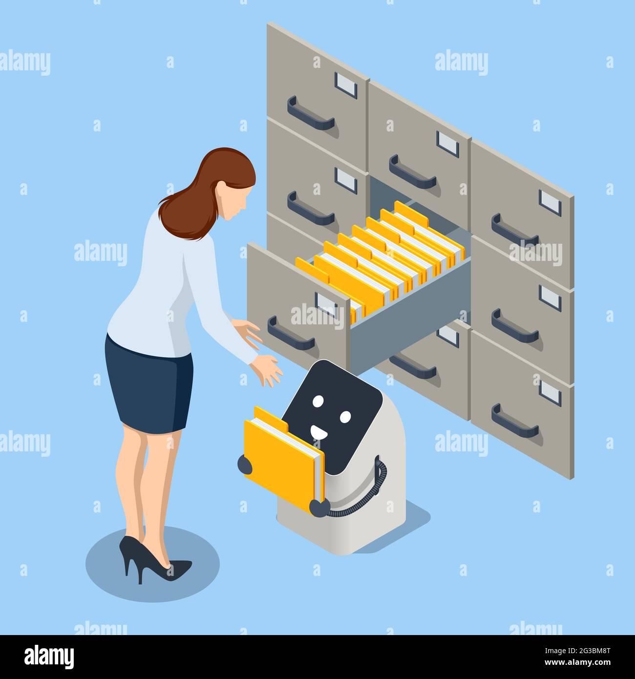 Isometric artificial intelligence robot helps in working with the database concept. Artificial ...