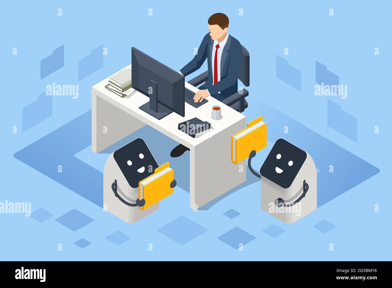 Isometric artificial intelligence robot helps in working with the database concept. Artificial ...