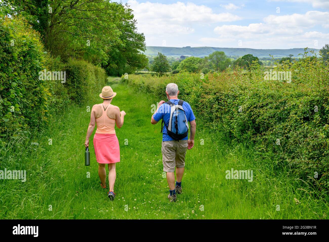 A female and a male rambler walking on a grassy public footpath between ...