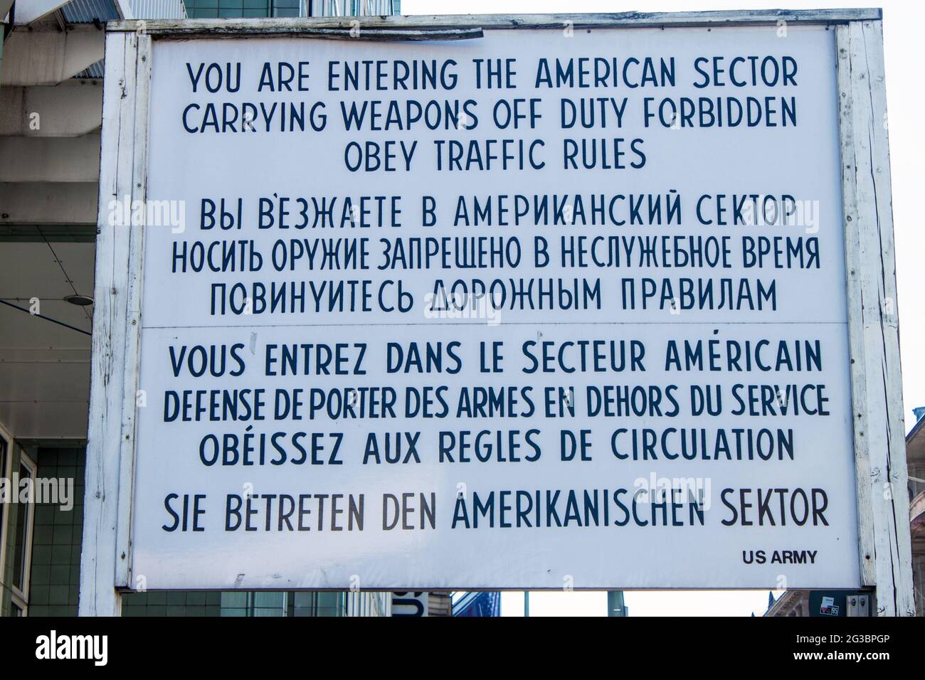 Sign at Checkpoint Charlie that divided east and west Berlin, Germany ...