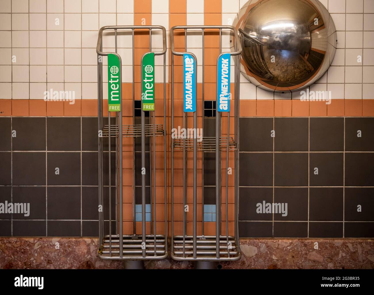 Empty Metro and AMNewYork newspaper distribution racks in theFranklin ...