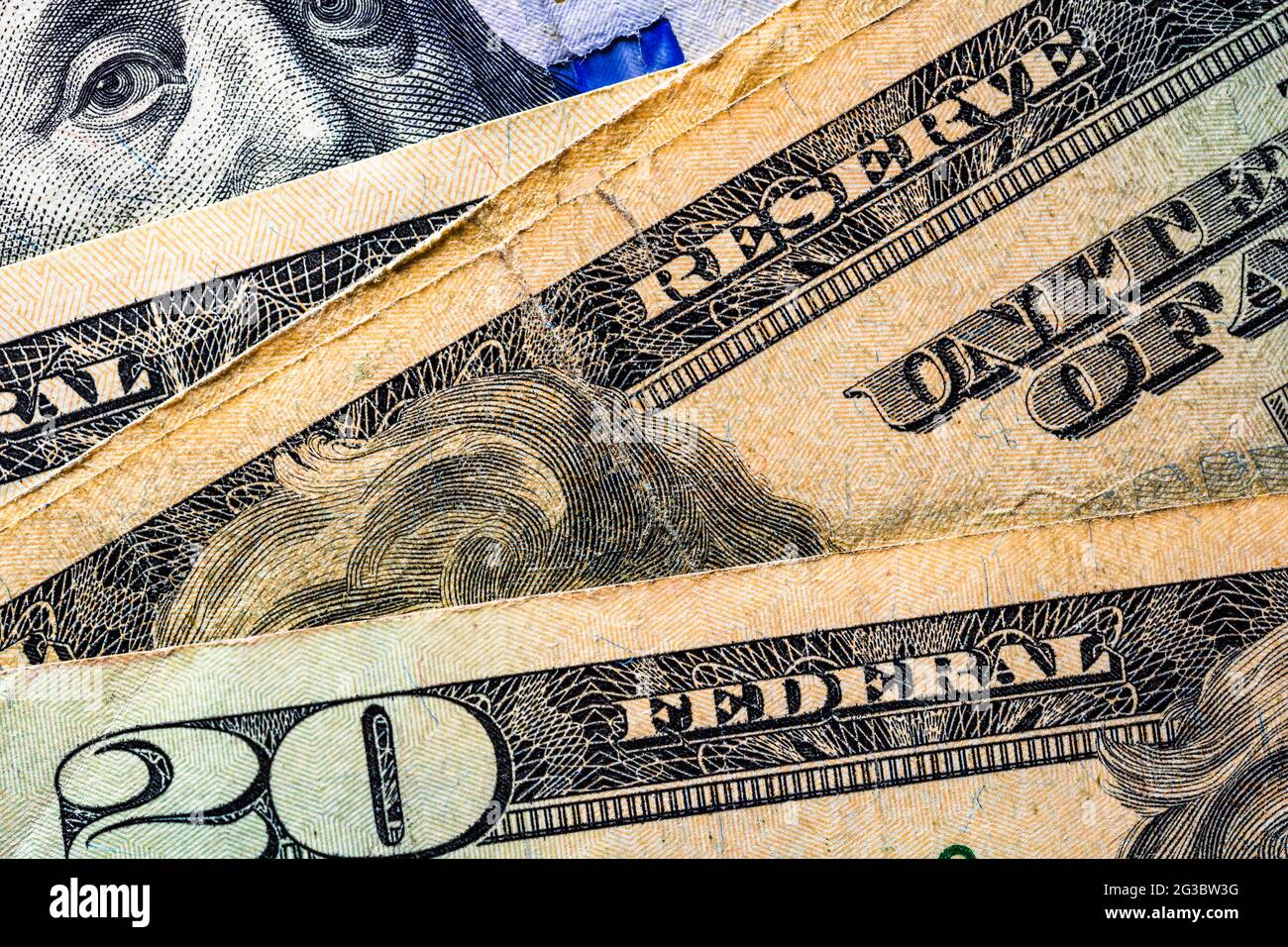 Selective focus on detail of USD banknotes. Close up macro detail of ...