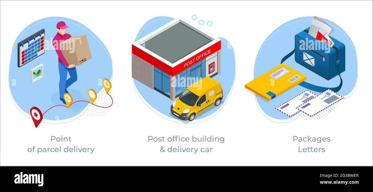 Isometric concept of Point of parcel delivery, Post office building ...